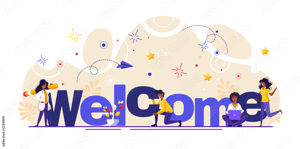 Concept new team member, welcome word, people celebrate, for web page ...