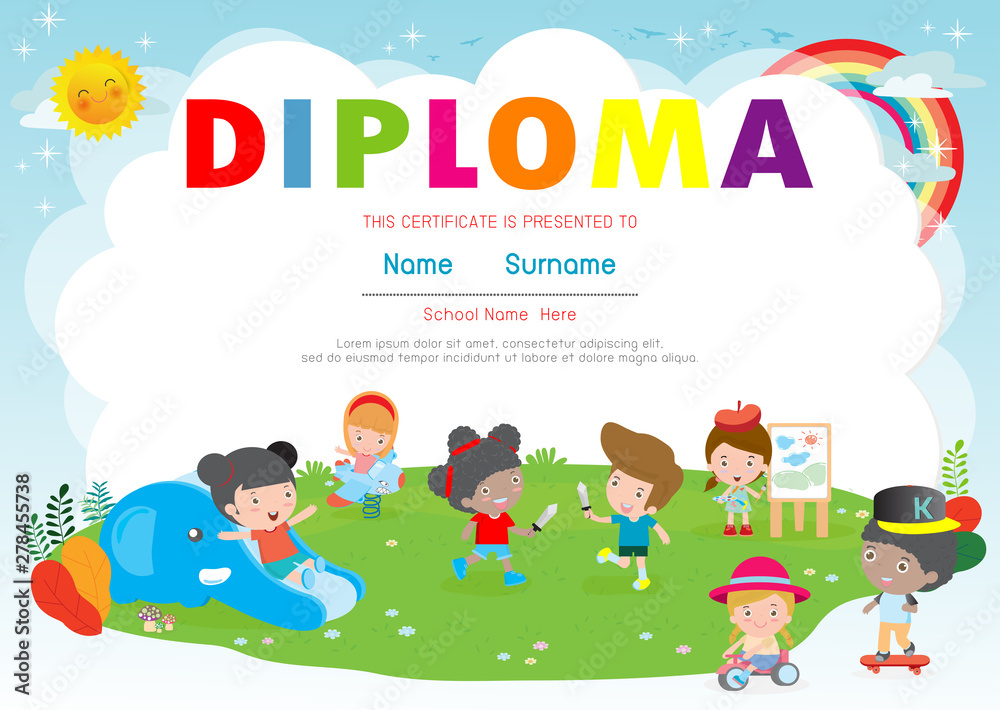 Certificate kids diploma, kindergarten template layout space background ...