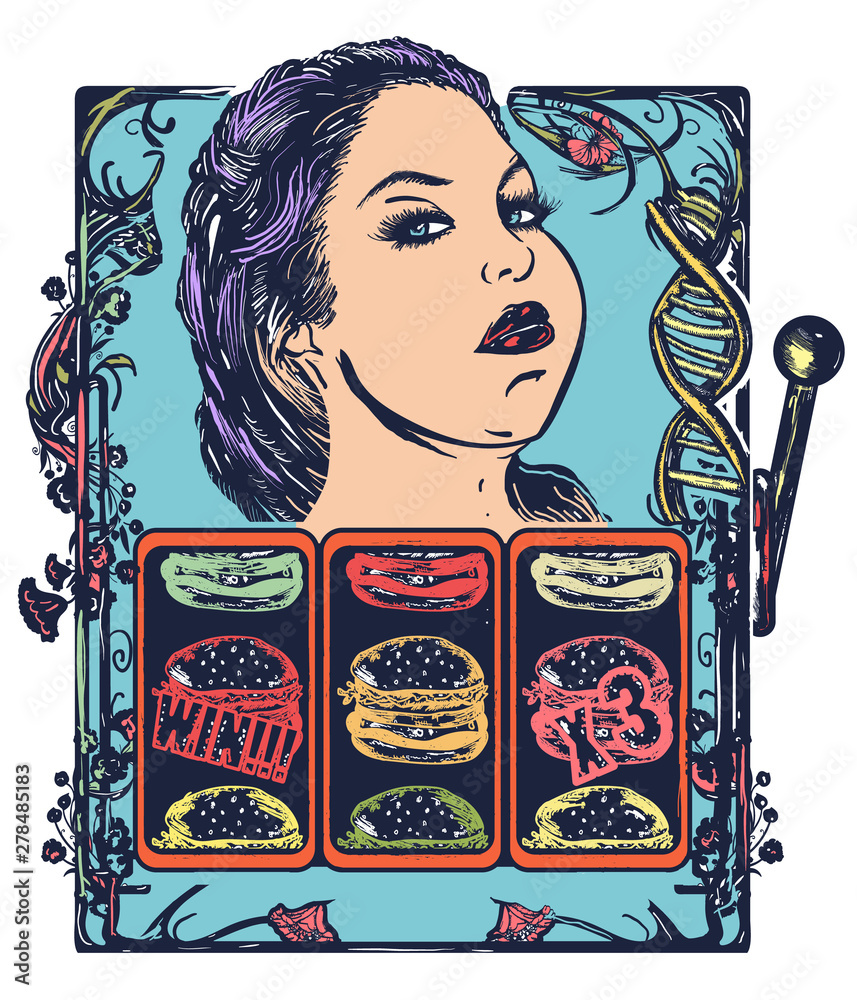 Gluttony. Seven deadly sins tattoo and t-shirt design. Fat woman ...
