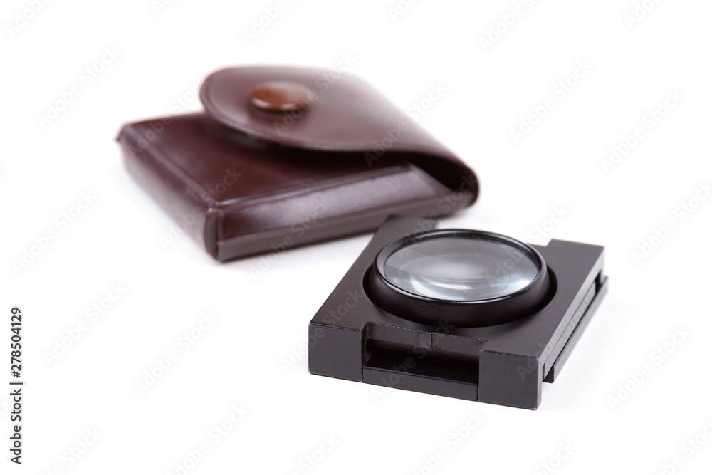 Folding loupe, numismatic coin magnifier with a brown leather case ...