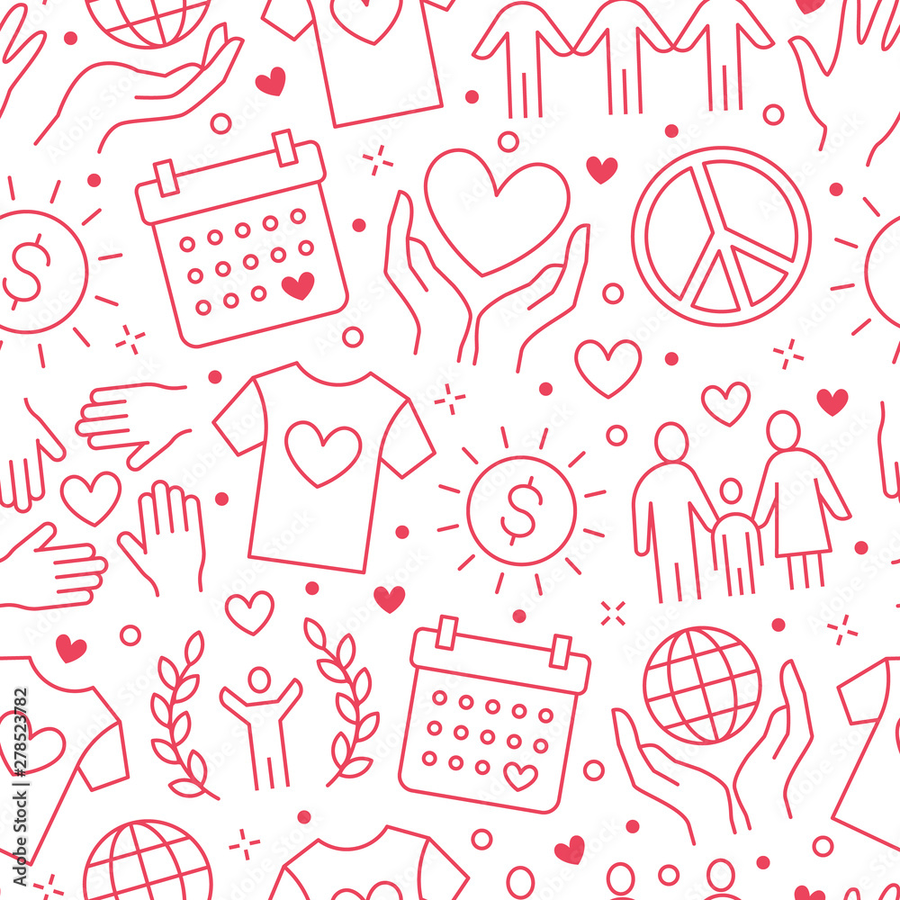 Charity vector seamless pattern with flat line icons. Donation ...