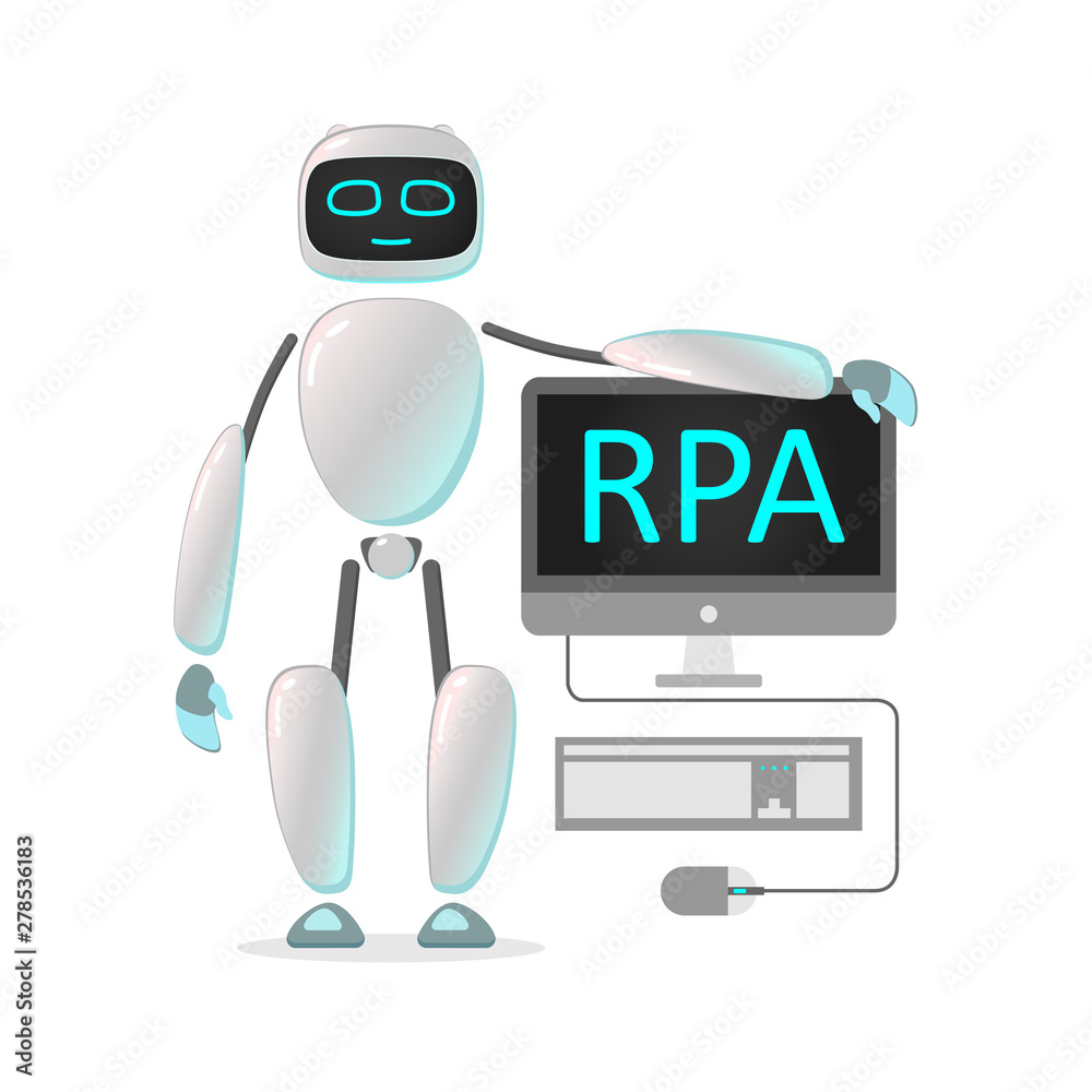 RPA. The robot is working. Cute robot helps people to perform different ...