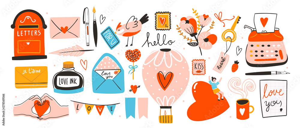 Love post office. Many various romantic objects. Saint Valentine's day ...