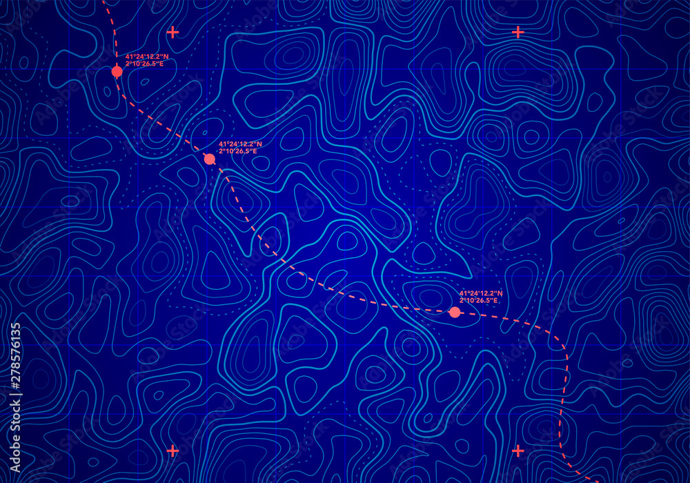 Vector Sea Depth Topographic Map With Route And Coordinates Conceptual ...