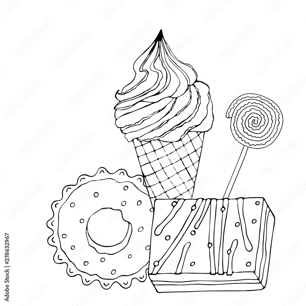 Coloring page with cake, ice cream, cupcake, candy and other dessert ...