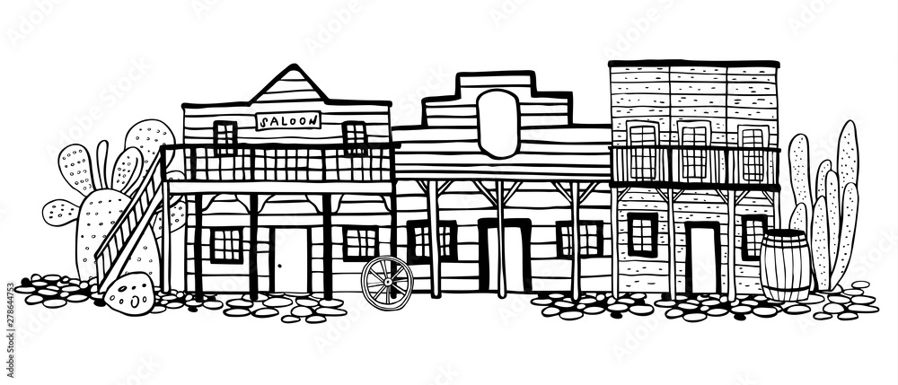 America Wild West town street view. Hand drawn outline sketch doodle ...