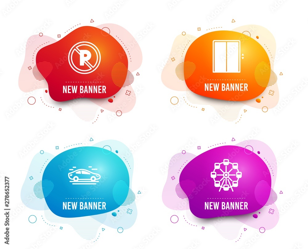 Liquid badges. Set of Car, Lift and No parking icons. Ferris wheel sign ...