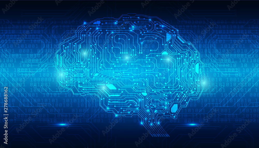 Brain Futuristic Element Circuit Board With Encoder And Decoder Binary Code Vector Background