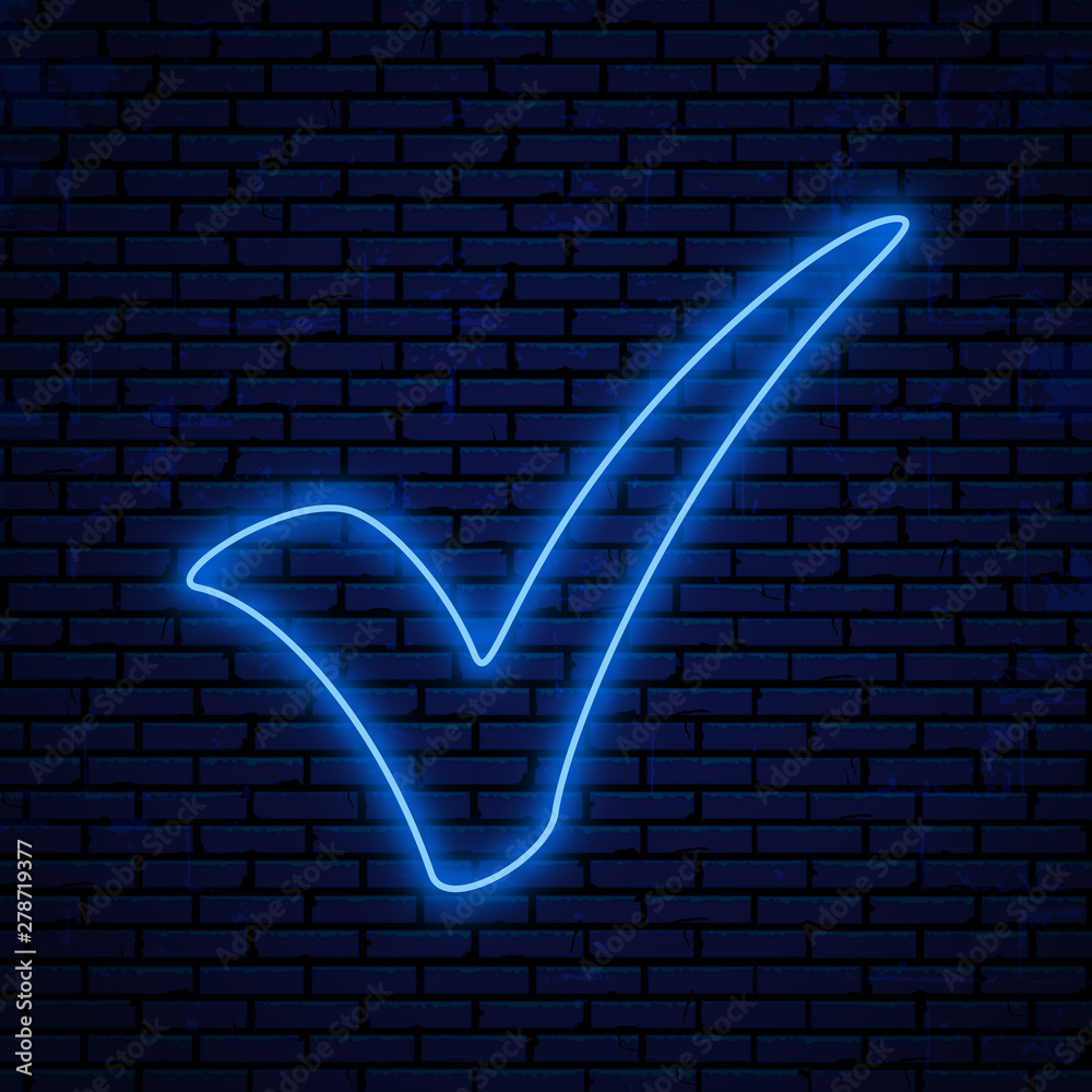 Blue neon checkmark. Vector neon check mark isolated on brick wall ...