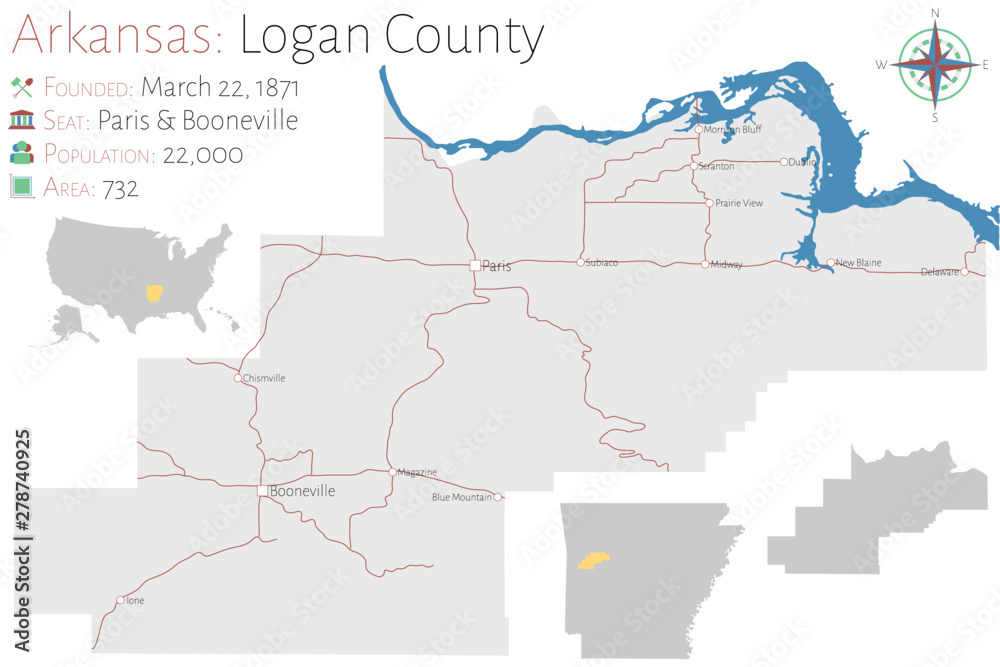 Large and detailed map of Logan county in Arkansas, USA Stock Vector ...