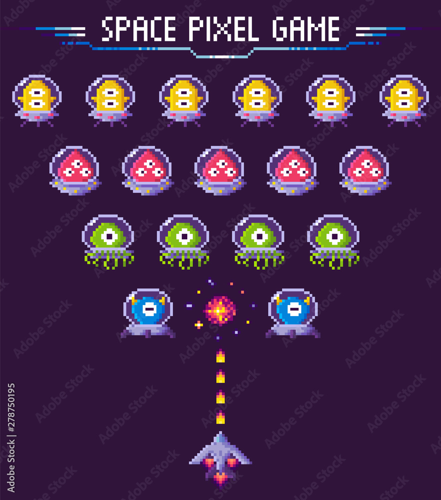 Стоковий вектор War of ufo and pixelated spaceship, ship shooting ...