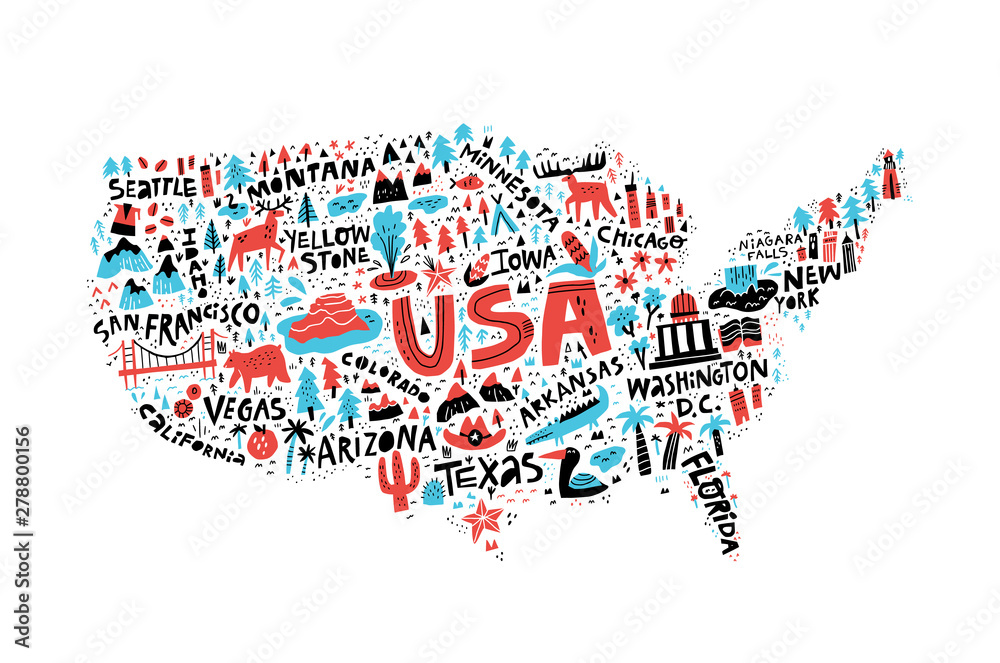 USA map flat hand drawn vector illustration. American states names ...
