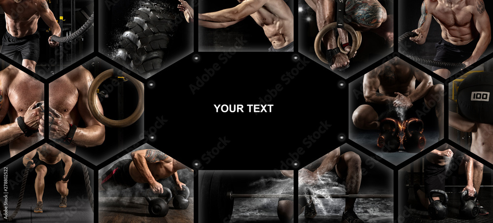 Sport collage. Muscular male athlete. Man exercising at the gym Stock ...