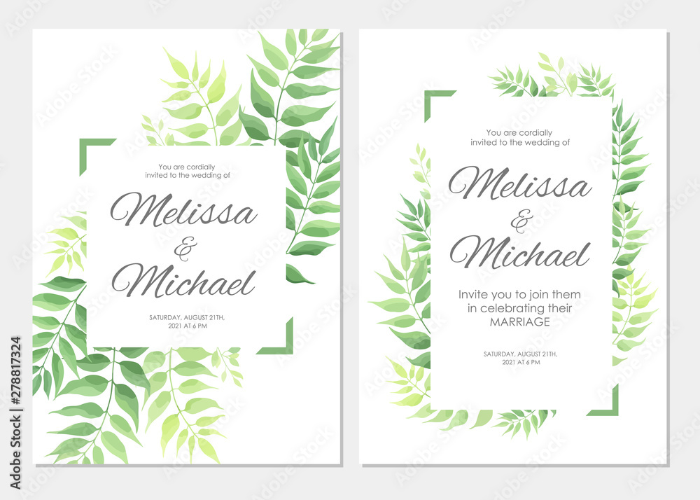 Wedding invitation with green leaves border. Floral invite card ...
