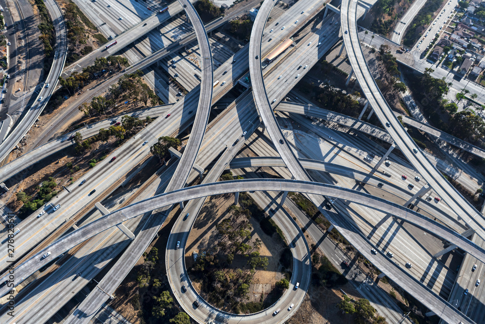 Aerial view of the 110 and 105 freeway interchange ramps and bridges ...