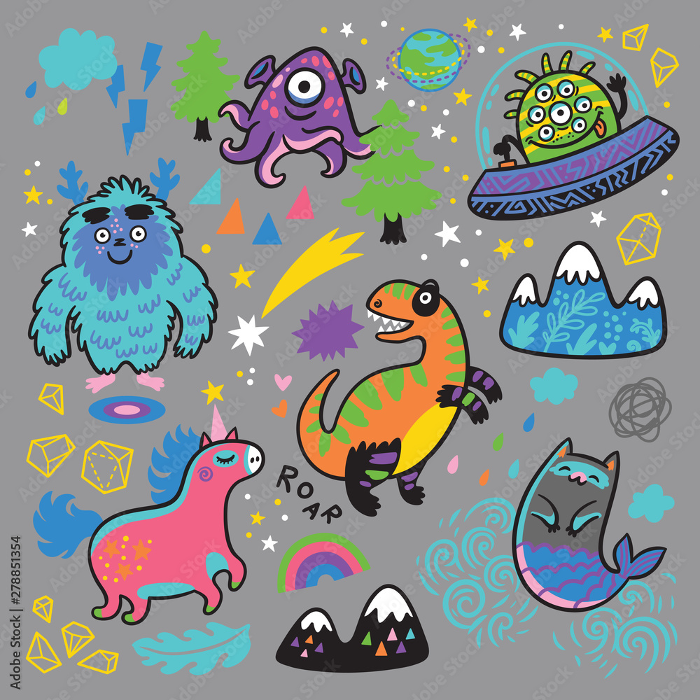 Collection with magical animals in cartoon style. Vector illustration ...