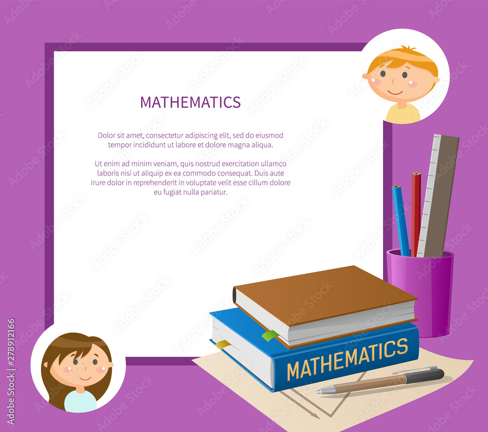 Mathematics design of purple page decorated by heads of boy and girl in ...