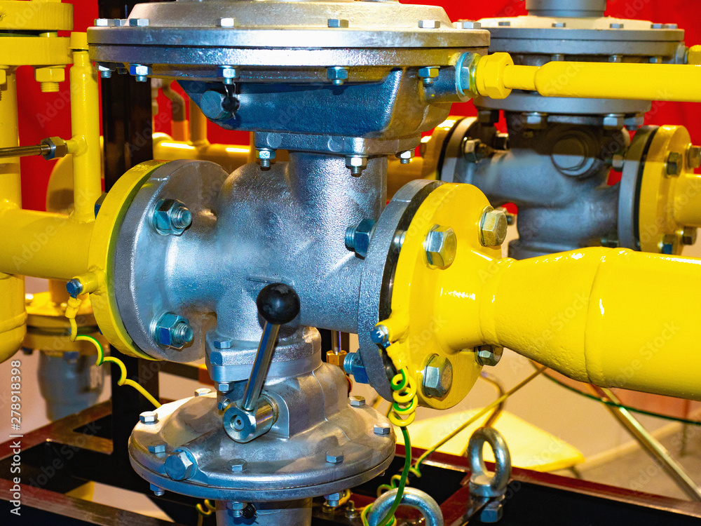 Fuel industry concept. Gas pipes. Mechanical arm on the pipeline ...