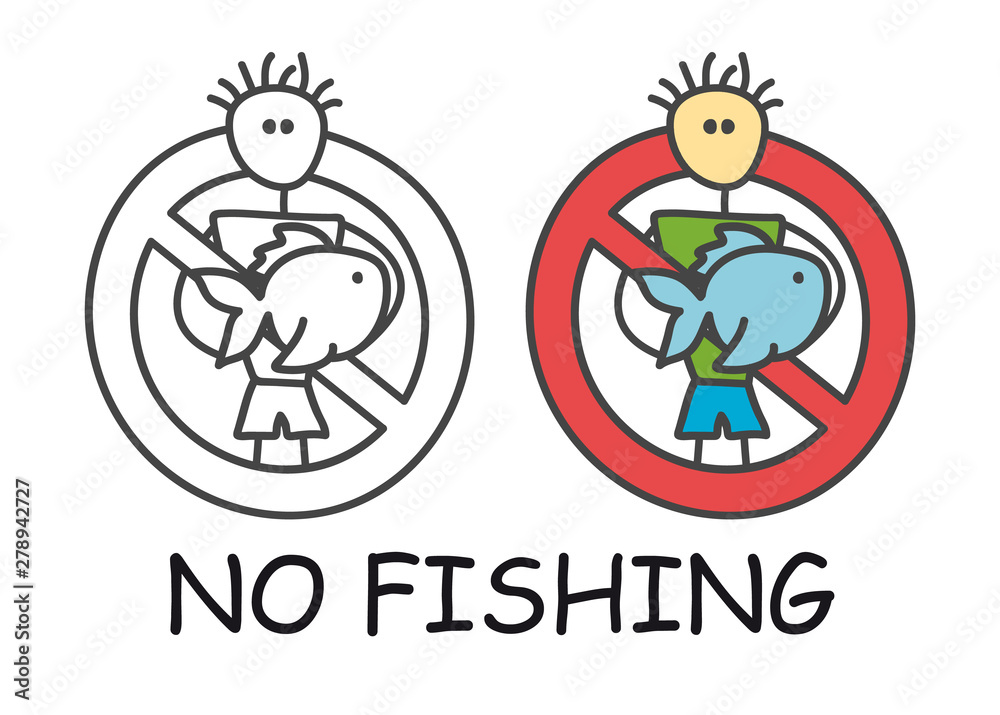 Funny vector stick man with a fish in children's style. No fishing no ...