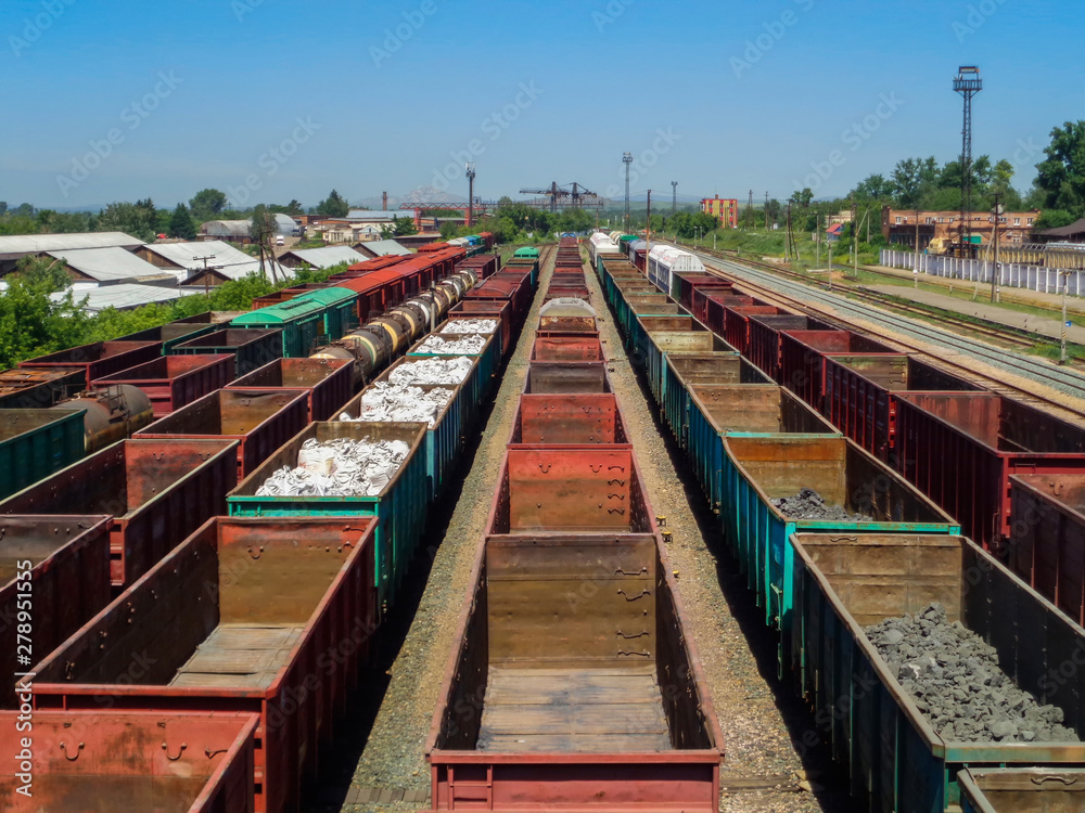 Freight wagons on railway station. Cargo terminal. Industrial ...