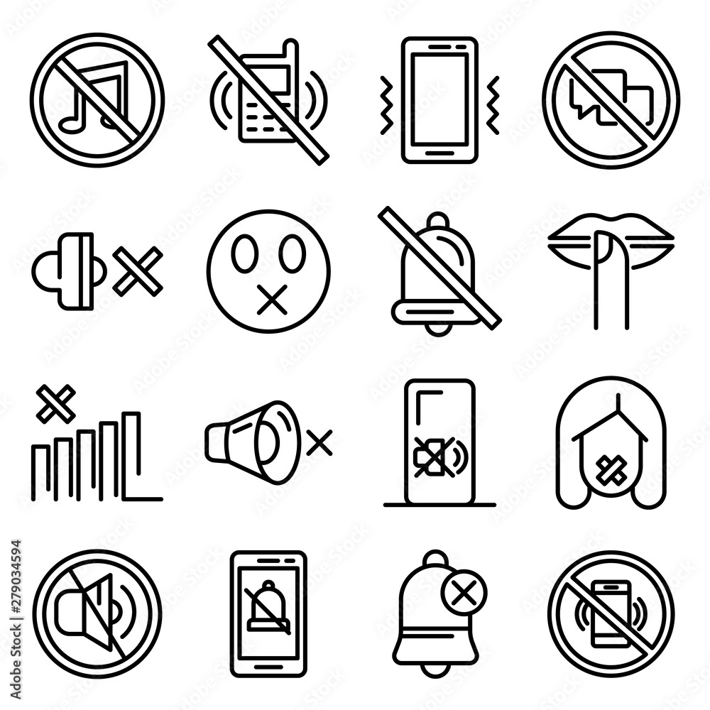 Silence icons set. Outline set of silence vector icons for web design ...
