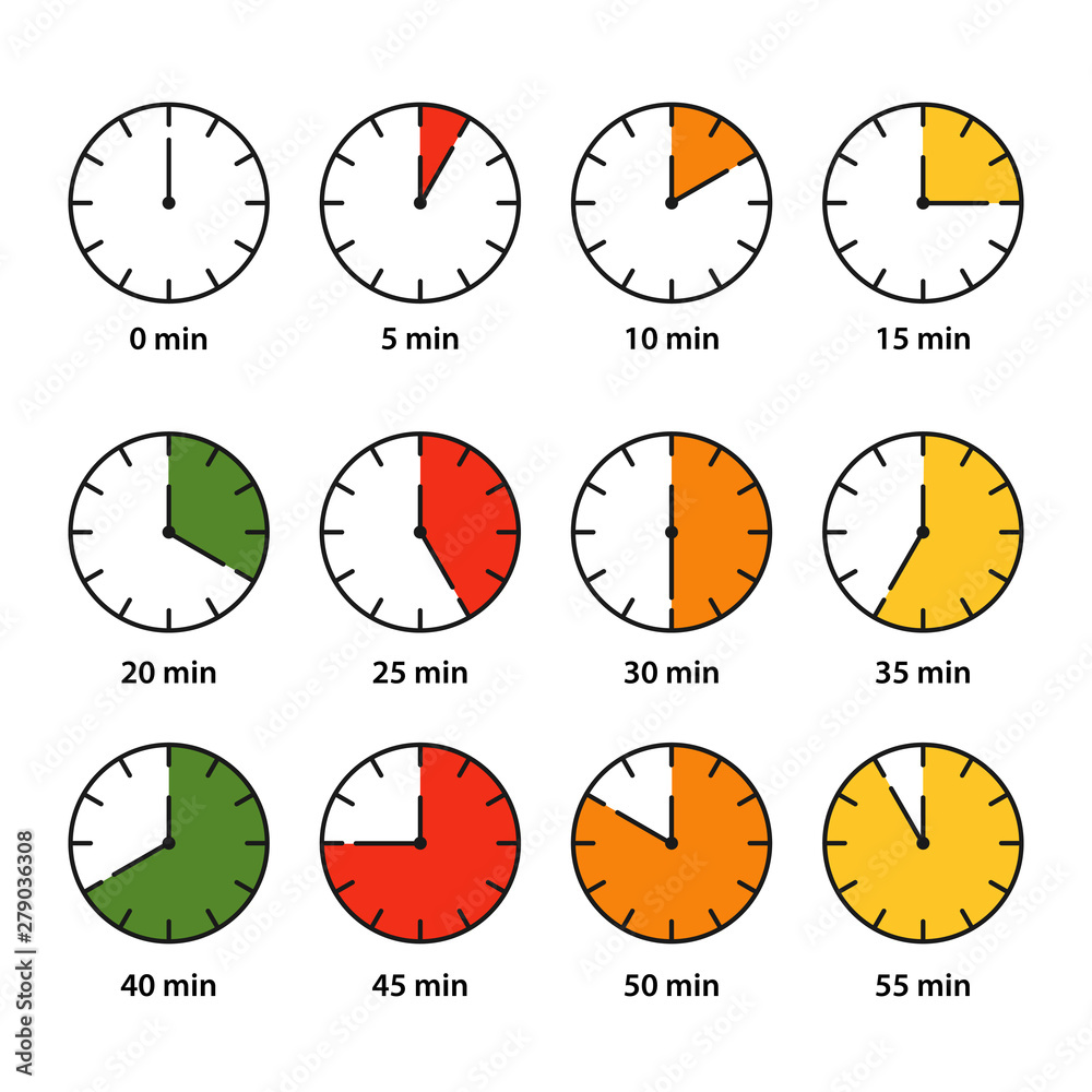 Set of watch dials. Clock. Different minute intervals are highlighted ...