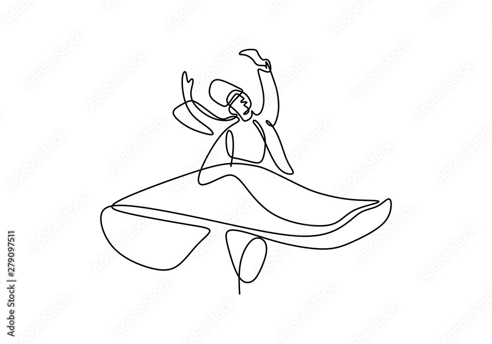 Whirling dervish continuous one line drawing minimalist design on white ...