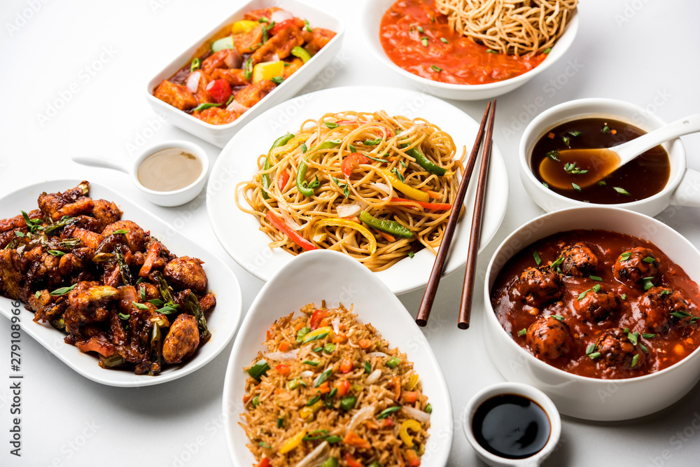 Assorted Indo chinese dishes in group includes Schezwan/Szechuan hakka ...