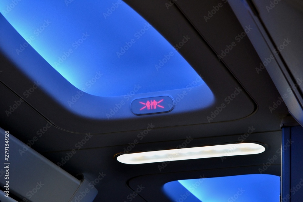Highlighted occupied lavatory sign on the commercial airlines. Toilet ...