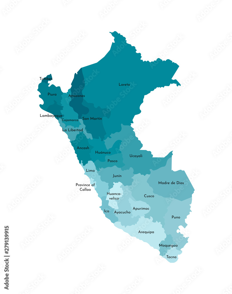 Vector isolated illustration of simplified administrative map of Peru. Borders and names of the ...