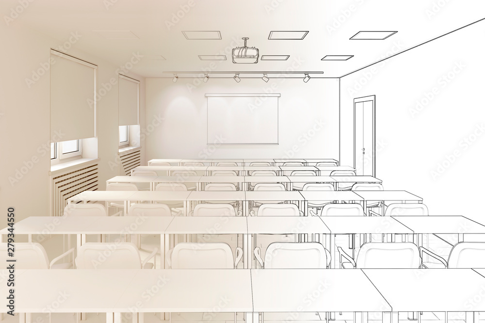 3d illustration. Sketch of the conference hall goes into white computer ...
