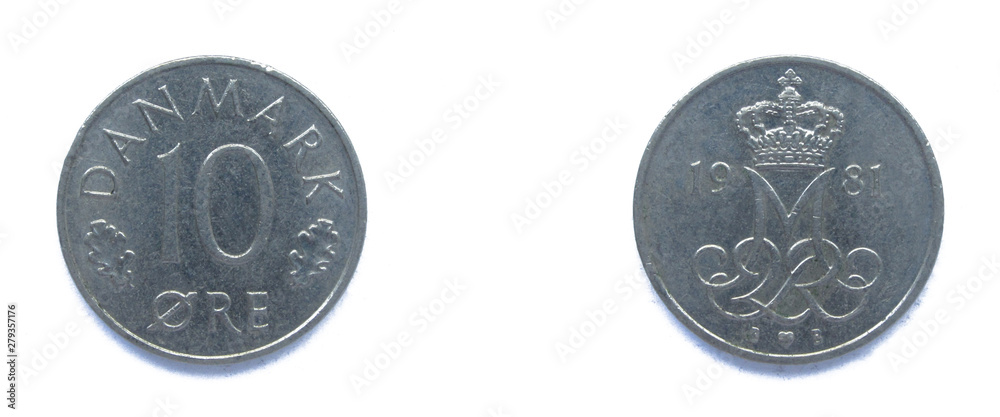 Danish 10 Ore 1981 year copper-nickel coin, Denmark. Coin shows a ...