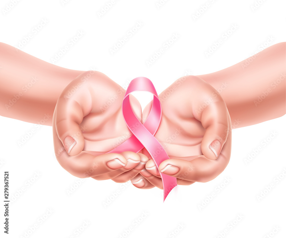 Realistic pink ribbon in hands cupped together. Breast cancer awareness ...