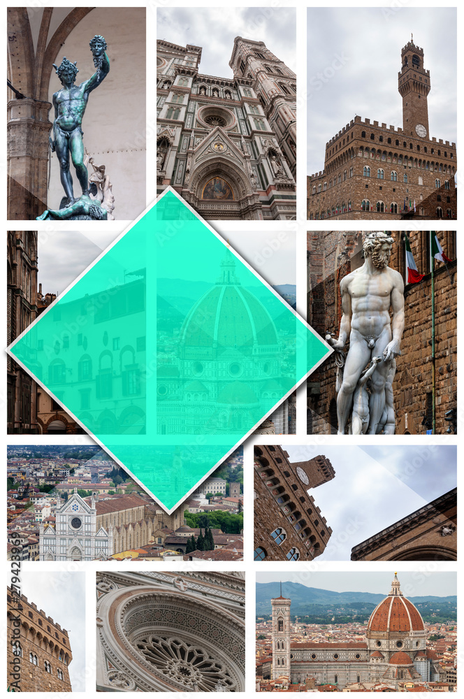 Collage photos of Florence, Italy, in 16: 9 format. UNESCO heritage and ...