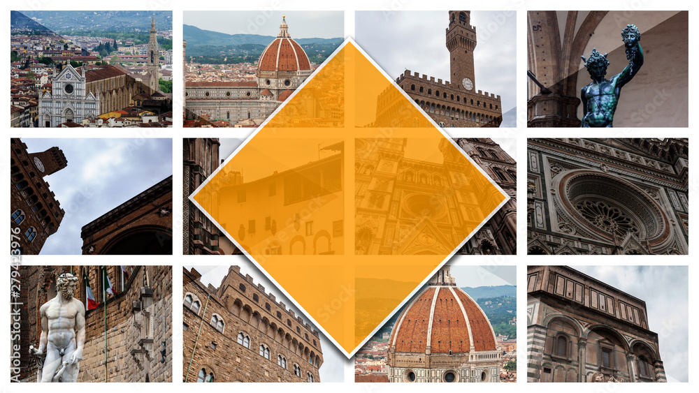 Collage photos of Florence, Italy, in 16: 9 format. UNESCO heritage and ...