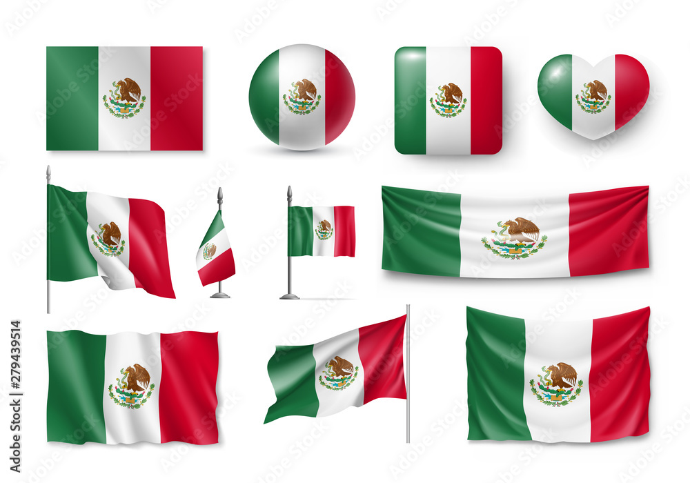 Various flags of Mexico independent country set. Realistic waving ...