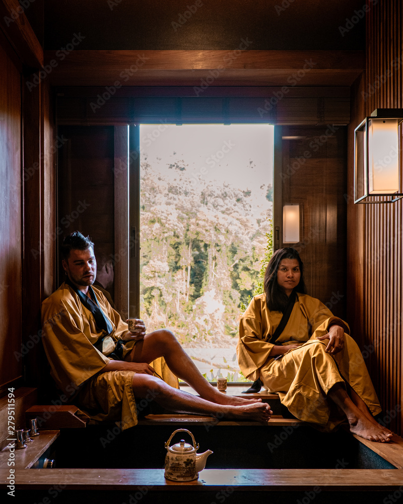Japanese Onsen Spa, couple men and woman drinking thee Onsen Spa ...