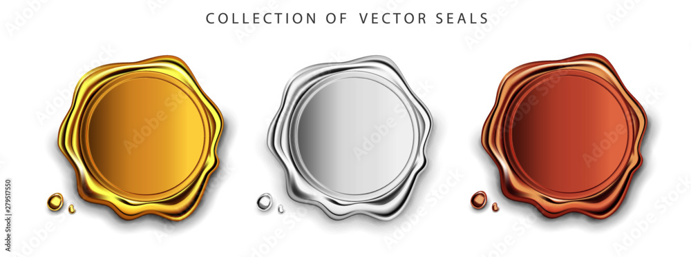 Gold, silver, bronze stamp wax seal approval vector sealing retro label ...