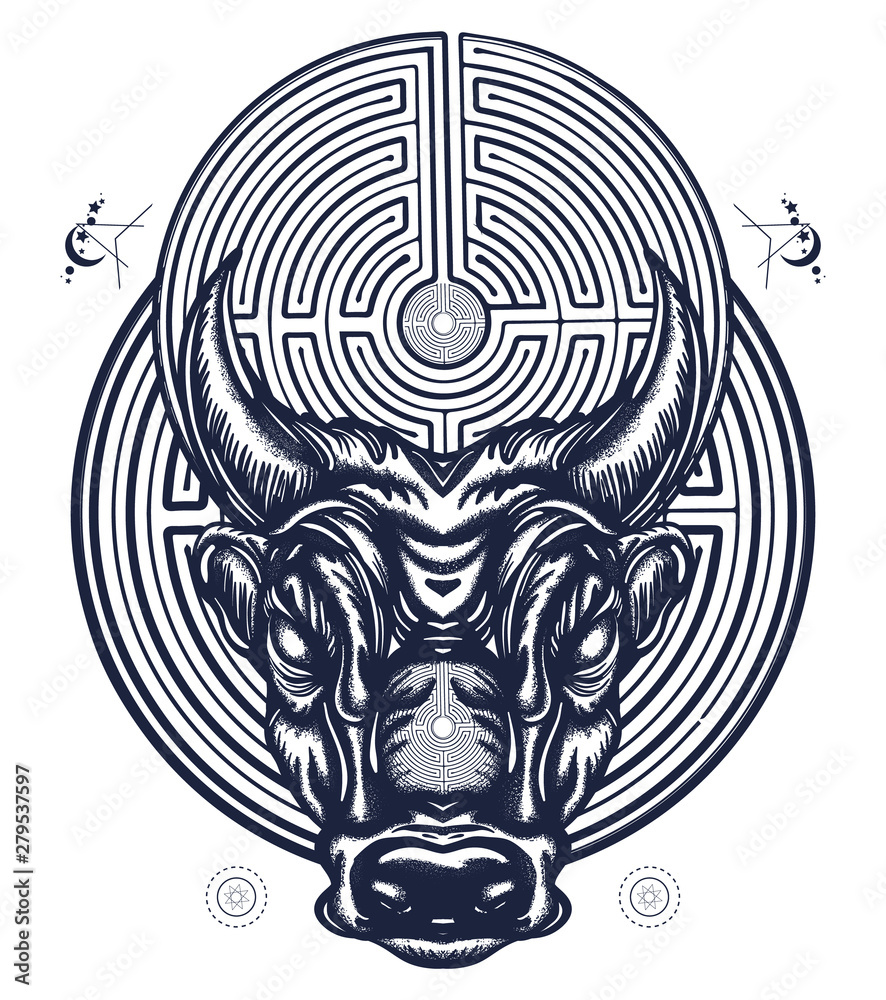 Minotaur and labyrinth tattoo and t-shirt design. Angry bull head ...