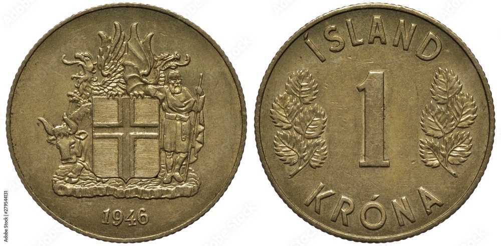 Iceland Icelandic coin 1 one krona 1946, first year of issue, shield ...
