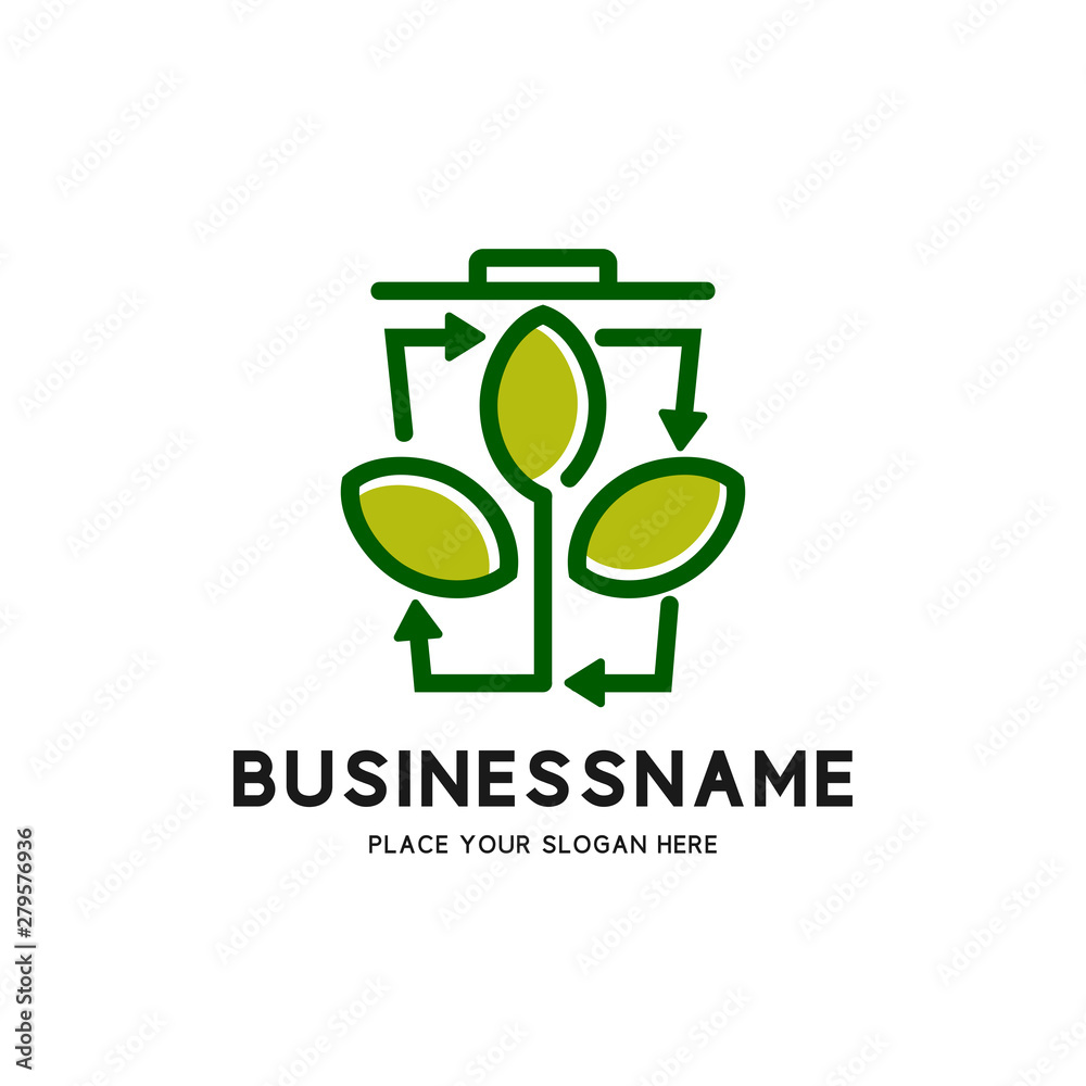 Vector logo with leaf and trash can symbol. Design with circle arrow ...