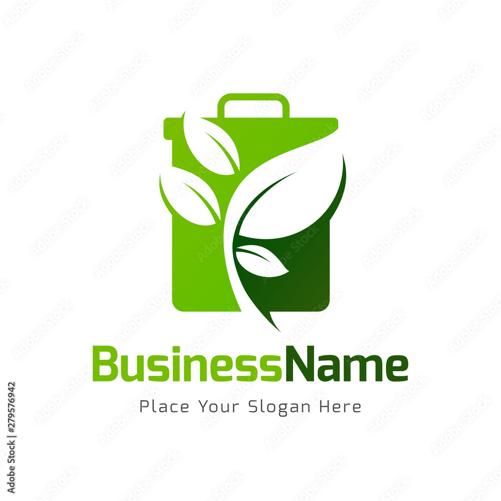 Vector logo with leaf and trash can symbol. Green color with modern ...