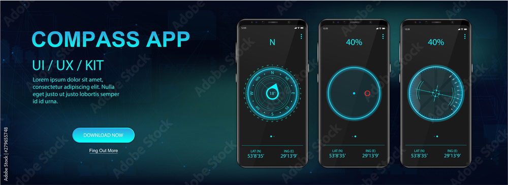 Compass Mobile Application, UI, UX, KIT. Three screenshots of ...