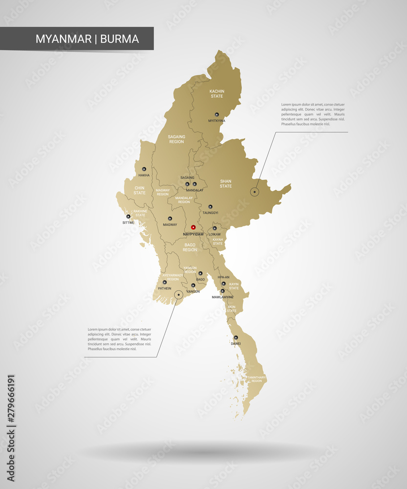 Stylized vector Myanmar Burma map. Infographic 3d gold map illustration with cities, borders ...