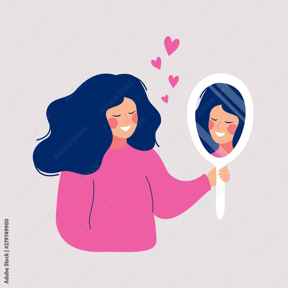 Hand drawn vector illustration of young woman looks on her reflection ...