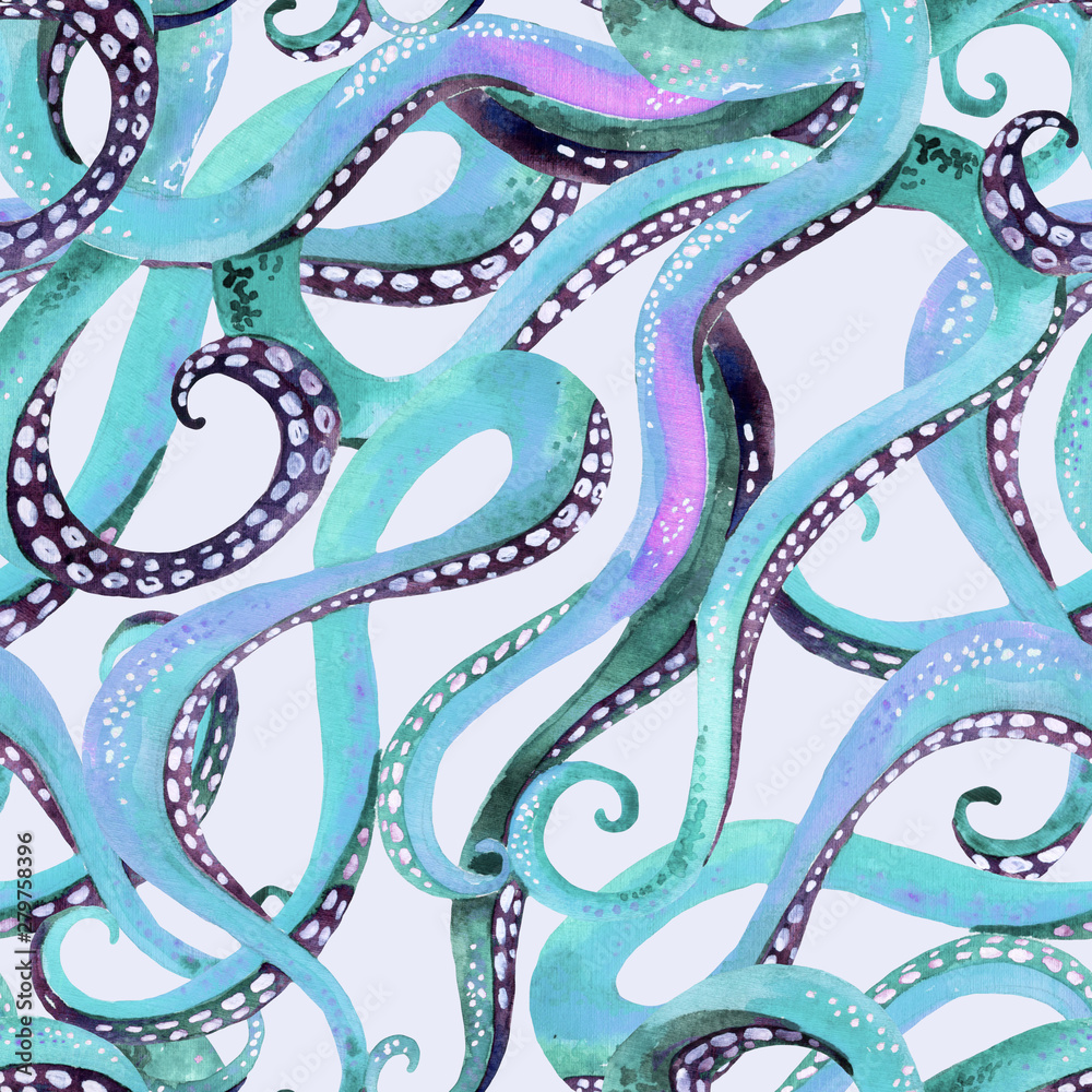 Watercolor octopus tentacles wallpaper. Seamless pattern of octopuses ...