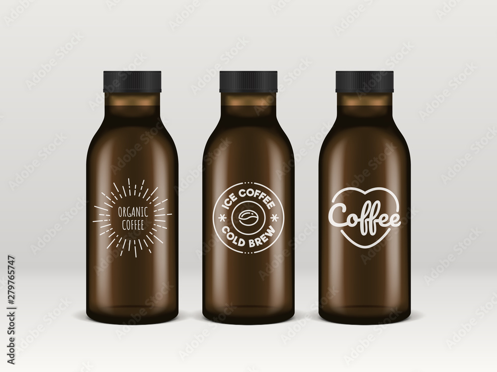 Cold brew coffee bottles. Realistic transparent glass bottles of ice ...