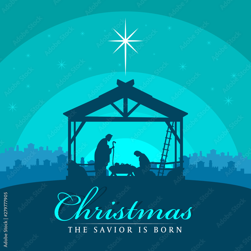 Christmas the savior is born banner sign with Nightly christmas scenery ...