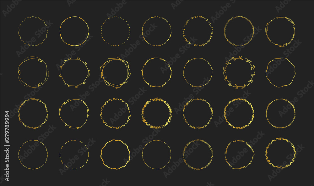 Set of gold hand drawn round frames on black background for premium design. Elite jewelry decor ...
