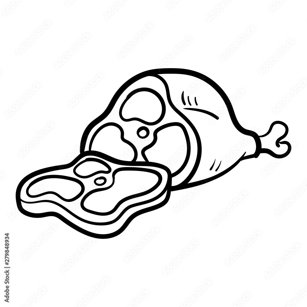 monochrome vector illustration of a ham. scribble, outline, comic, ink ...